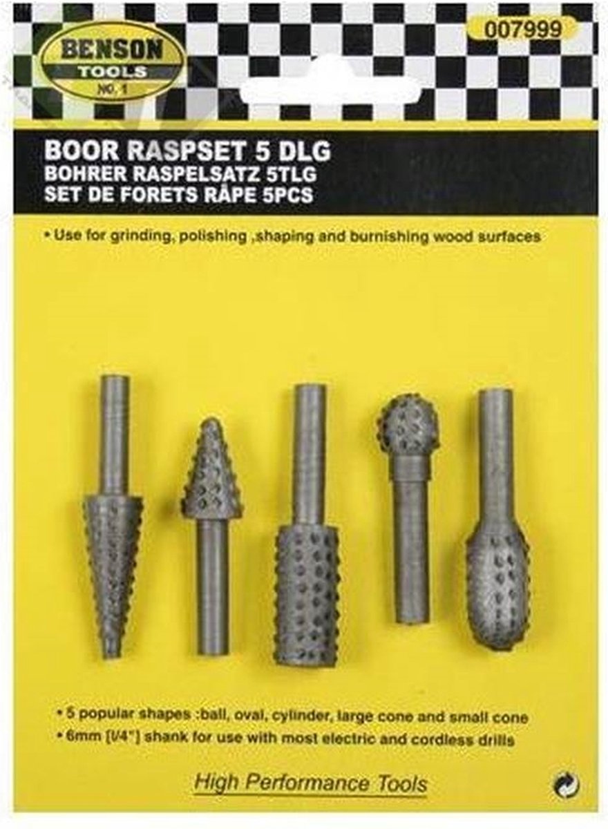 Boor raspset, houtrasp 5 delig, ovaal, cilinder, bal, klein, groot ...