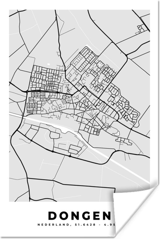 Poster Dongen - Stadskaart - Zwart Wit - Plattegrond - Kaart ...