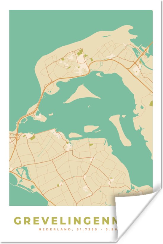 Poster Grevelingenmeer - Stadskaart - Plattegrond - Vintage - Kaart ...