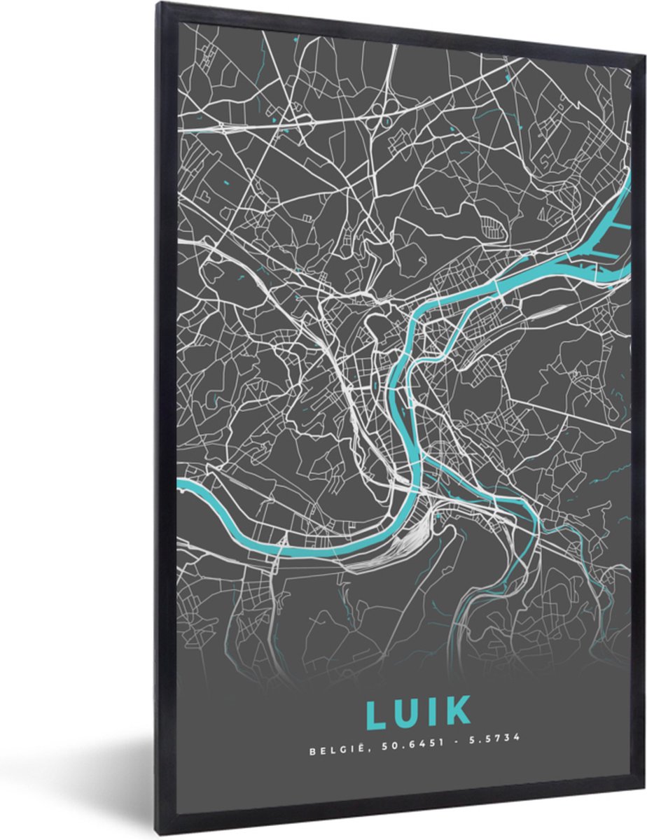 Fotolijst incl. Poster - Stadskaart – Grijs - Kaart – Luik – België ...