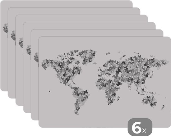 Placemat - Wereldkaart vlinders - artistiek - zwart wit - 45x30 cm - 6 ... Placemat - Wereldkaart vlinders - artistiek - zwart wit - 45x30 cm - 6 ...