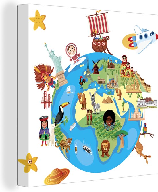 Canvas Schilderij Een illustratie van een cartoon kaart van de wereld ...