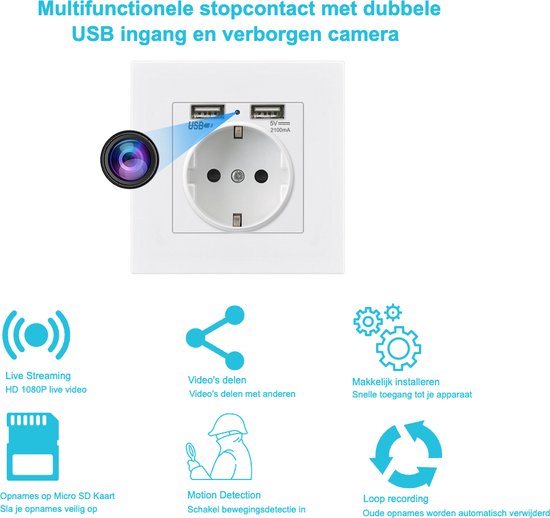 Verborgen Spy Camera Stopcontact - Wifi met App - USB Oplader - Spionage Camera -... | bol.com