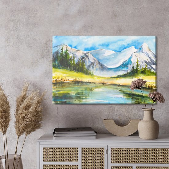 Schilderijkoning - Canvas Schilderij Berglandschap Geschilderd Met Waterverf - 120 x 80 cm | bol