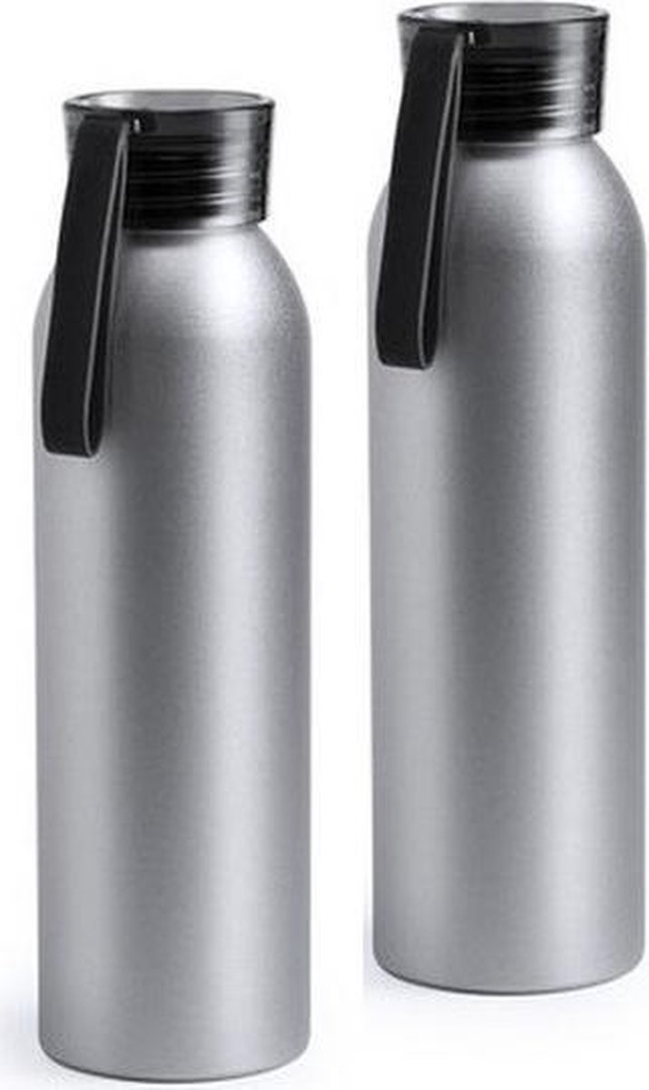 2x Aluminium drinkfles/waterfles met zwarte dop 650 ml - Sportfles ...