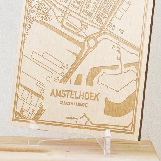 Kaart Amstelhoek - Gegraveerde stadskaart Hood&Wood - Hout, A4 | bol.com