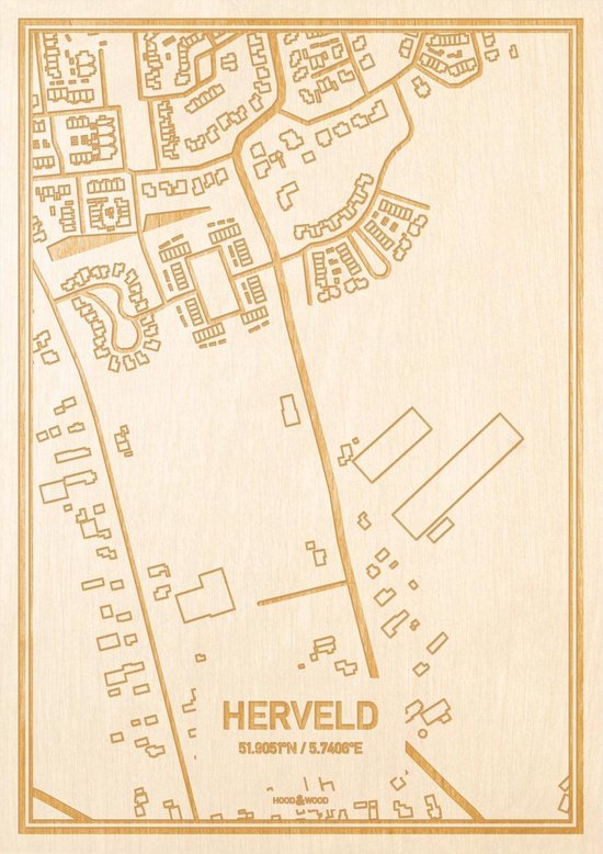 Kaart Herveld - Gegraveerde stadskaart Hood&Wood - Hout, A4 | bol.com
