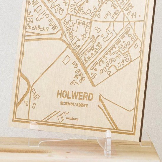 Kaart Holwerd - Gegraveerde stadskaart Hood&Wood - Hout, A4 | bol.com