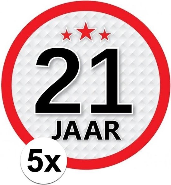 5x 21 Jaar leeftijd stickers rond 15 cm - 21 jaar verjaardag/jubileum ...