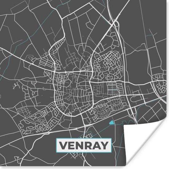 Poster Plattegrond - Venray - Grijs - Blauw - 100x100 cm XXL ...