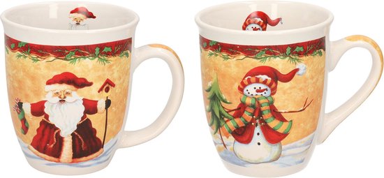 Set van 2x kerstmokken sneeuwpop met rode muts en kerstman met kerstsok ...