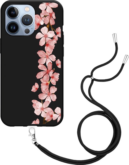 iPhone 13 Pro Hoesje met Koord Zwart Flower Branch - Designed by Cazy ...
