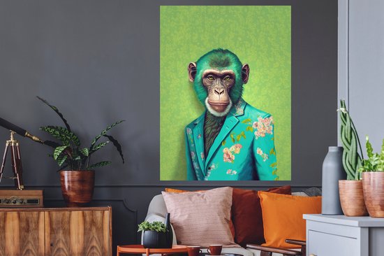 Muurstickers - Sticker Folie - Aap - Colbert - Bloemen - Neon - Portret - 90x120 cm -... | bol