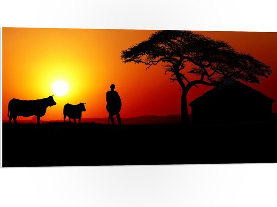 PVC Schuimplaat- Silhouet van Boer met zijn Koeien bij Huis - 100x50 cm Foto op PVC... | bol.com