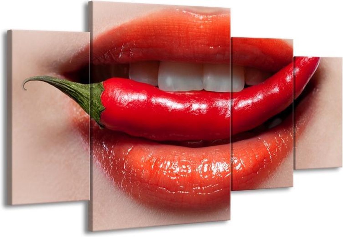 GroepArt - Schilderij - Vrouw, Lippen - Rood, Crème - 160x90cm 4Luik ...