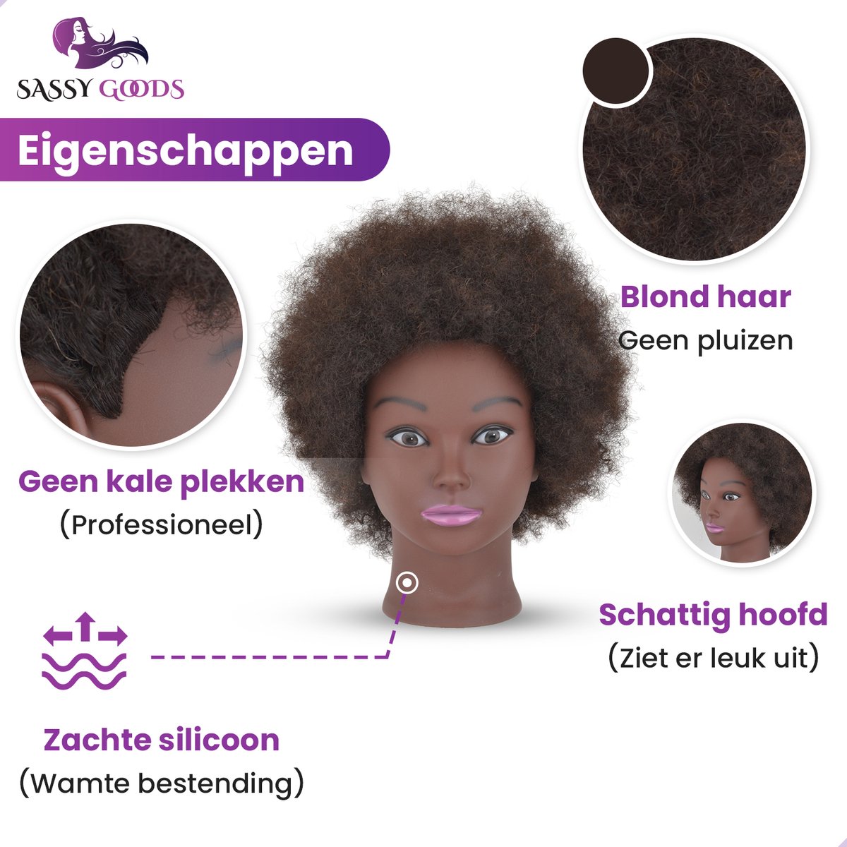 Sassy Goods® Oefenhoofd - Kappershoofd - Afro - Oefenpop Kapper - 100% ...