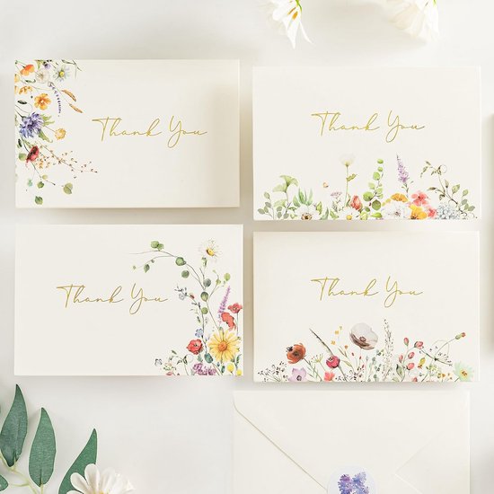 50 Bedankkaarten met Enveloppen en Stickers, Aquarel Wilde Bloemen ...
