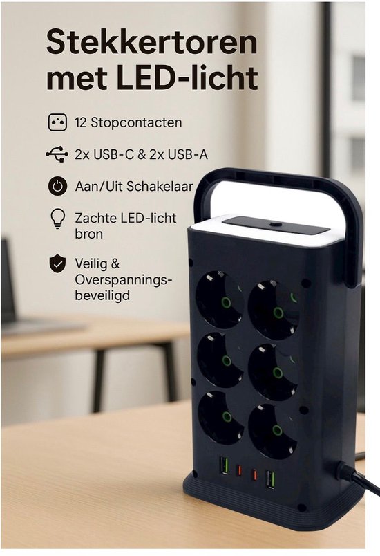 Stekkerdoos - 2x USB-C - 2x USB-A - 12 Stopcontacten - Aan/uit ...