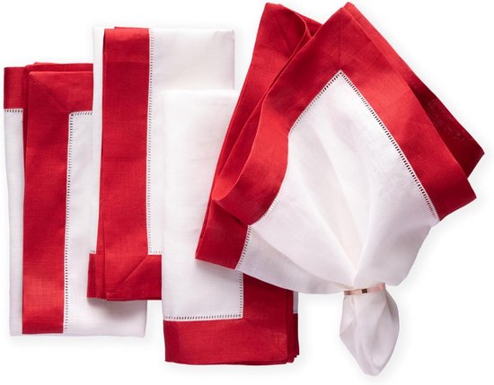 Set van 4 Linnen Servetten 50x50 cm Wit met Rode Rand - Wasbare ...