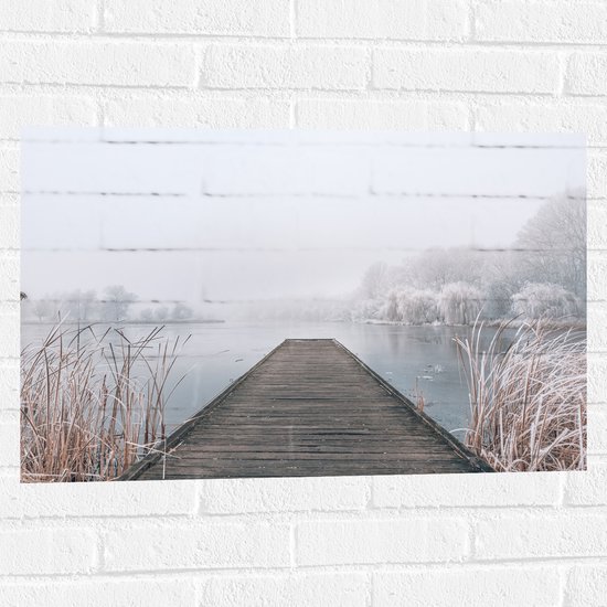Muursticker - Houten Vlonder in de Mist met Grassen - 75x50 cm Foto op ...