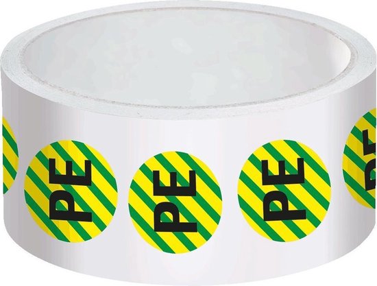 Beschermende PE geleider sticker op rol, groen geel 20 mm - 500 per rol ...