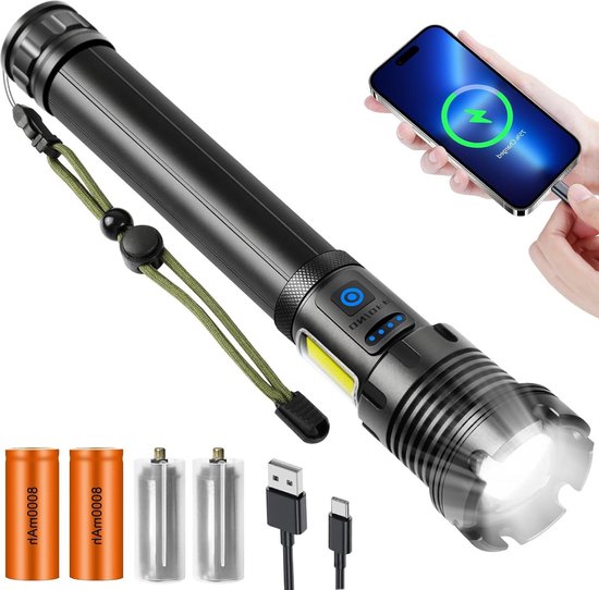500.000 lumen oplaadbare LED-zaklamp met zijlicht - USB-oplaadbaar - IPX-7 waterdicht... | bol