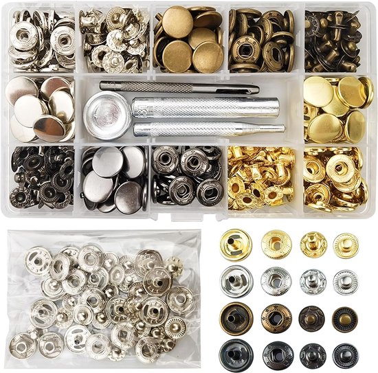 90 Sets Metalen Drukknopen Kit - 4 Kleuren (Goud, Zilver, Brons, Jet ...