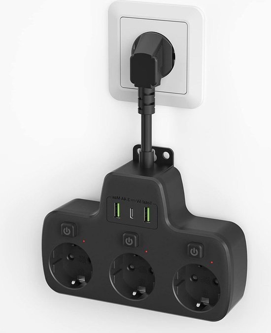 Stekkerdoos met Schakelaar- Stopcontact Splitter USB C- Wandmontage 3 ...