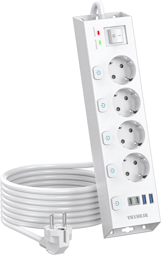 Stekkerdoos wandmontage USB C stopcontact overspanningsbeveiliging 2 m ...