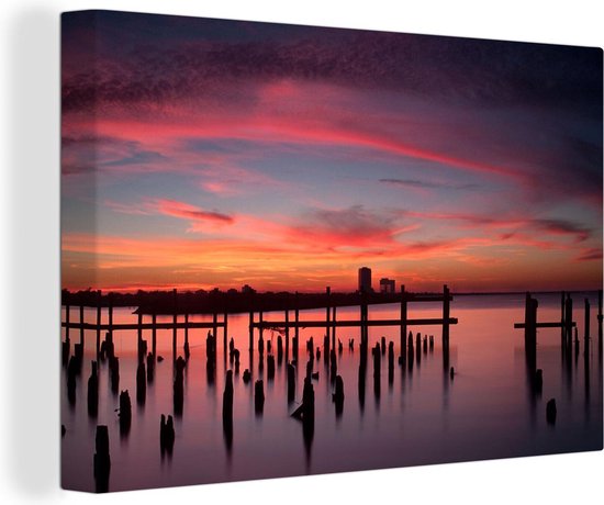 Canvas Schilderij Strand bij zonsondergang - 150x100 cm - Wanddecoratie | bol