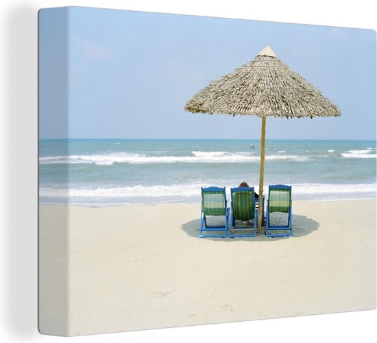 Canvas Schilderij Strandstoel - Zomer - Parasol - 160x120 cm - Wanddecoratie XXL | bol.com