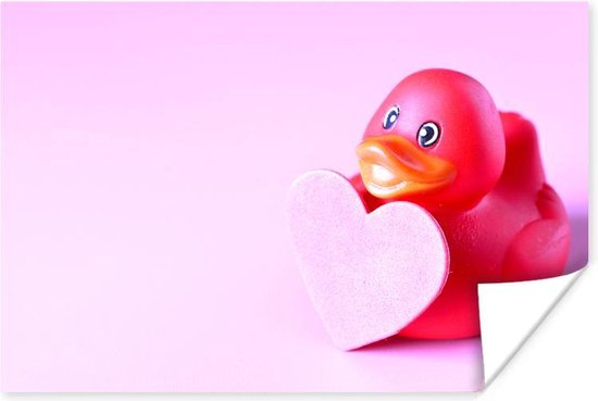 Rode bad eend met een roze hart poster papier 60x40 cm - Foto print op ...