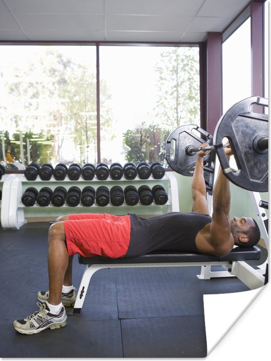 A side view of a young man who is bench press poster 30x40 cm - small ...