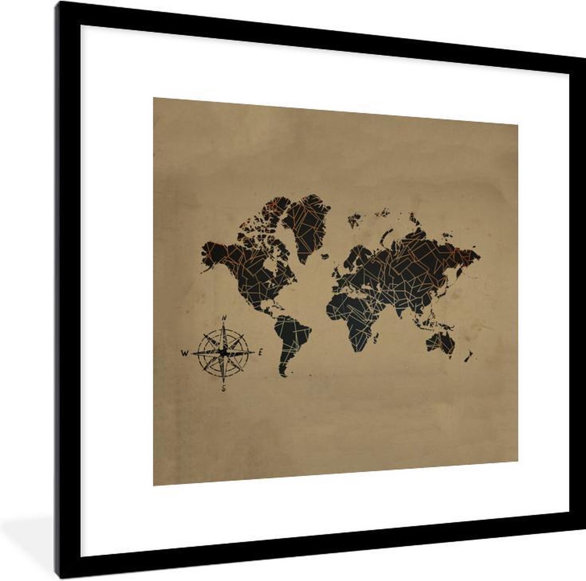 Fotolijst incl. Poster - Wereldkaart - Goud - Kompas - 40x40 cm ...