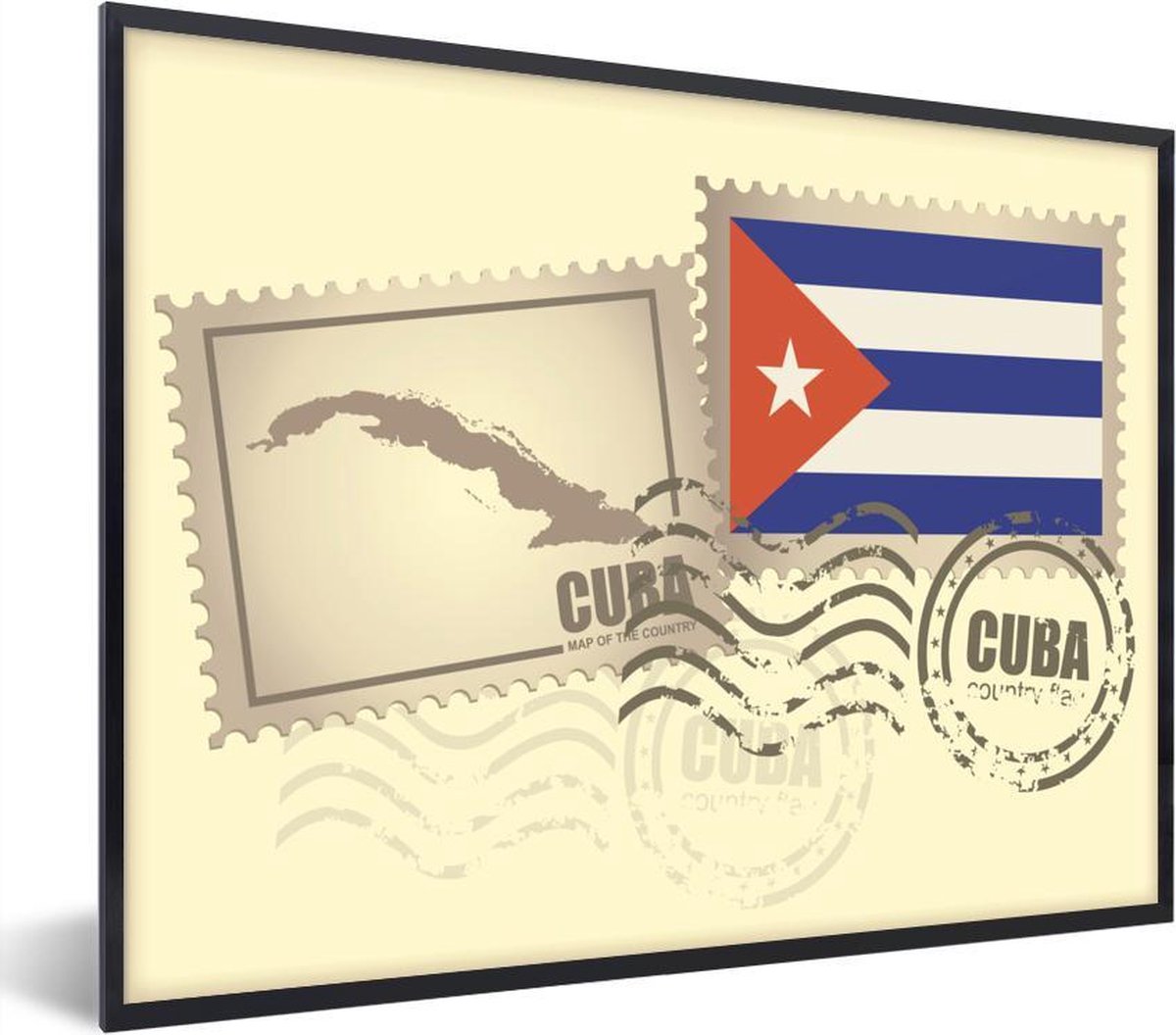 Fotolijst incl. Poster - postzegels met daarop de kaart van Cuba en de ...