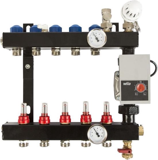 VTE In-Line Vloerverwarming Verdeler - 5 groepen met flowmeters - 16 mm ...