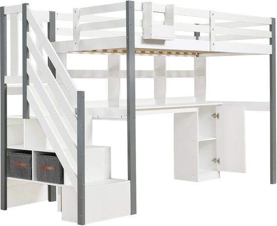Sweiko Hoogslaper - 90x200cm - met Bureau + stoffen laden + Opbergkast ...