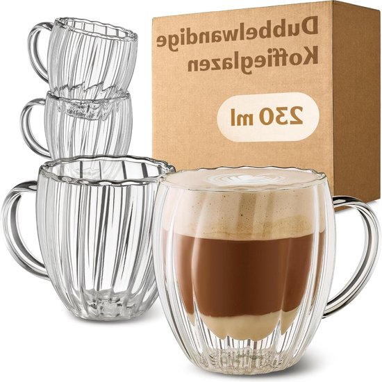 Glas Dubbelwandige Cappuccinokopjes 230ml - Set van 4 met handvat - Warmte isolerend -... | bol
