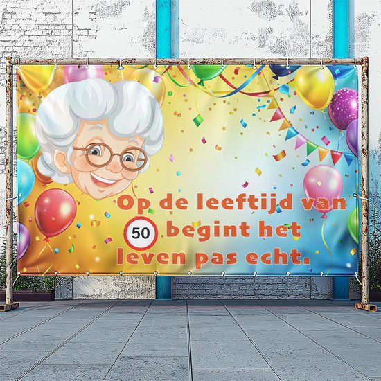 Spandoek Op de leeftijd van 50 begint het leven pas echt - 60 x 40 cm ...