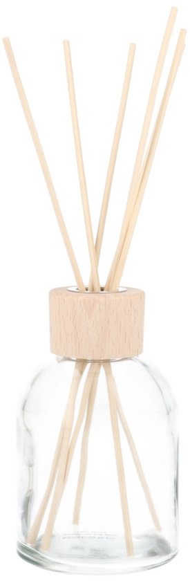 Glazen Ronde Fles 250 ml met 6 Houten Geurstokjes - Houten Schroefdop ...