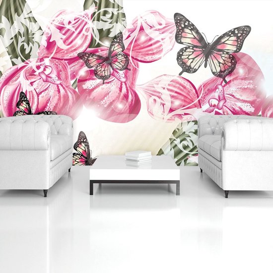 Fotobehang - Vlies Behang - Vlinders en Bloemen Kunst - 312 x 219 cm | bol.com