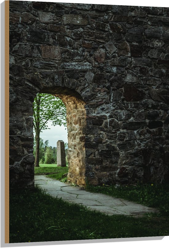 Hout - Muur - Stenen - Gras - Doorgang - 70x105 cm - 9 mm dik - Foto op ...