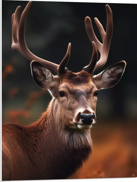 PVC Schuimplaat- Close-up van Opkijkend Rendier met Gewei in Herfst Bos ...
