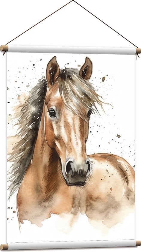 Textielposter - Acryl Tekening van Kop en Hals van Bruin Paard - 60x90 cm Foto op Textiel | bol
