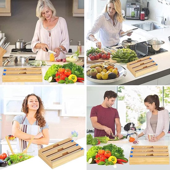 2-in-1 Folie en Plastic Wrap Organizer met Snijder - Bamboe Rol Opberg ...