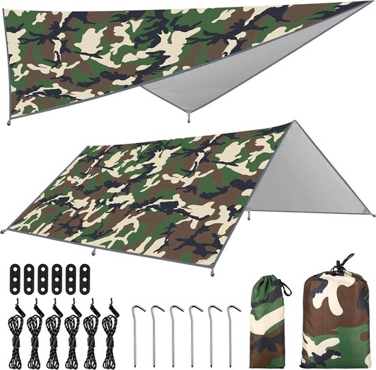 Tentzeil 3 x 3 m waterdicht hangmat tentzeil met oogjes - 6 haringen ...