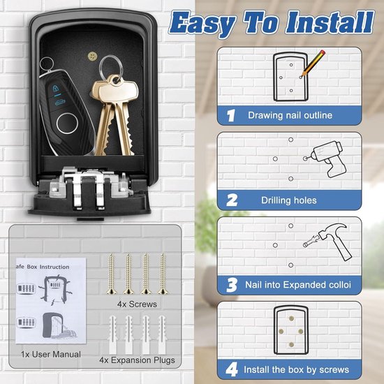 Wandmontage grote sleutelkluis 4-cijferige cijfercode buiten binnen ...
