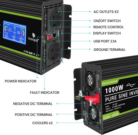 Spanningsomvormer 1000W 24V naar 230V met LCD-Display en USB-poort ...