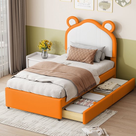 Merax Kunstleer Kinderbed 90x200 cm - Bed met Beren Oren - Gestoffeerd ...