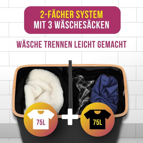 Donker Wasmand 2 vakken met deksel 150 liter bamboe-stof groot XXL ...